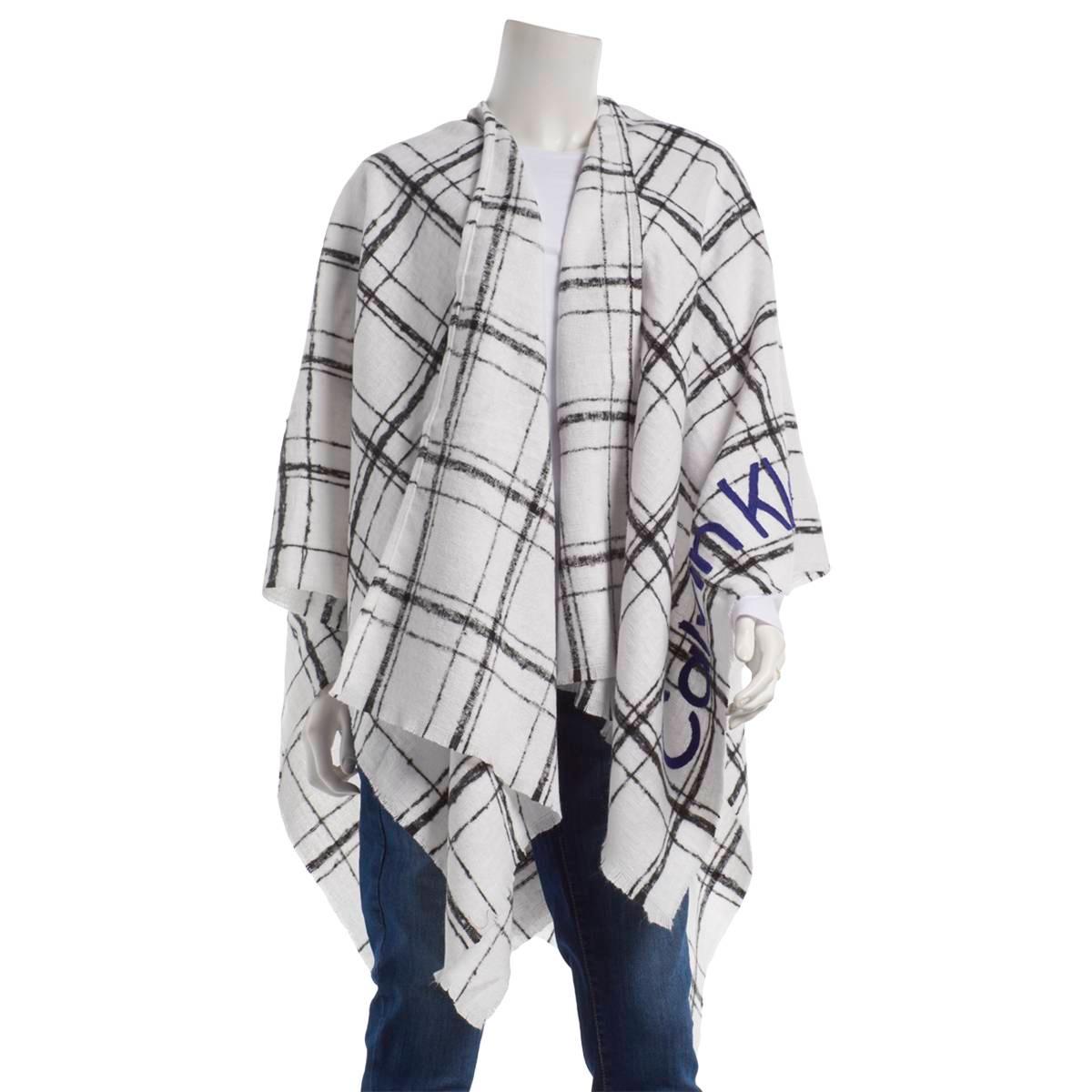 Click here for Womens Calvin Klein Grid Weave Logo Shawl Ruana prices