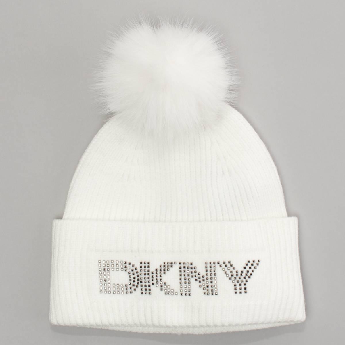 Click here for Womens DKNY Rhinestone Studded Logo Knit Pom Beani... prices
