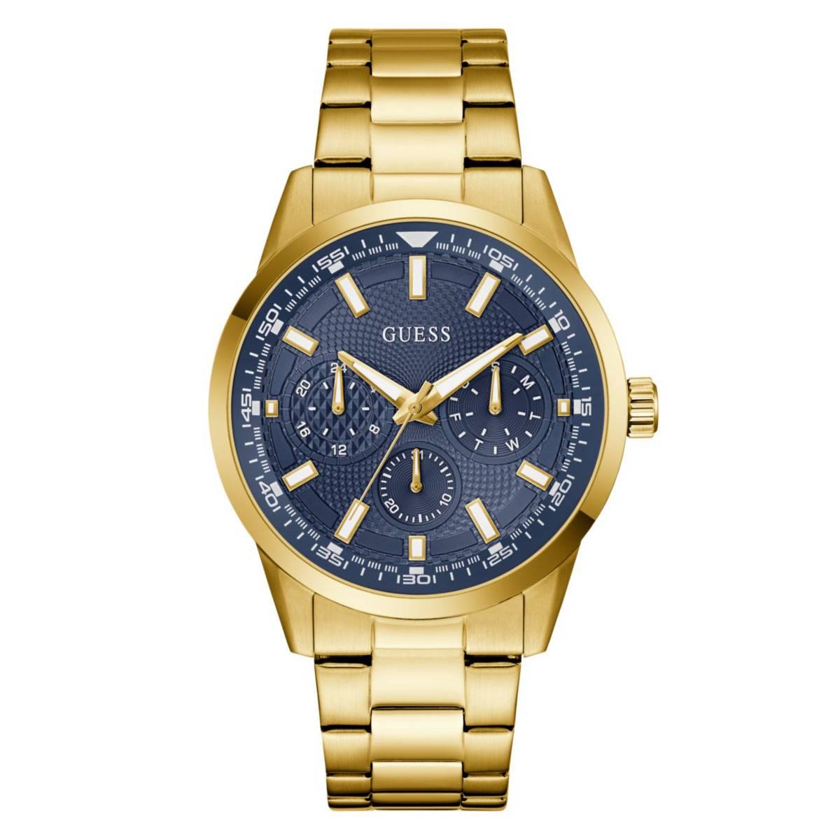 Click here for Mens Guess Gold-Tone Indigo Sunray Dial Quartz Wat... prices