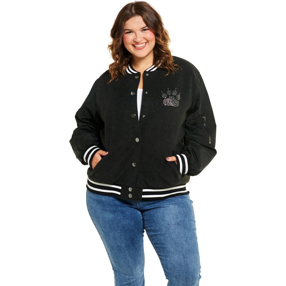 Click here for Juniors Plus Stoosh Wool Varsity Jacket with Rhine... prices