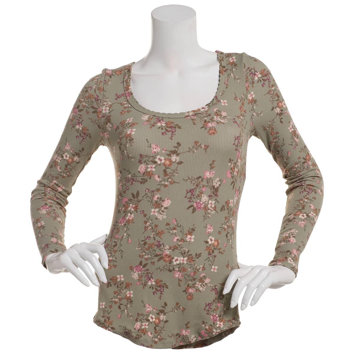 Click here for Juniors Wallflower Long Sleeve Floral Rib Scoop Ne... prices