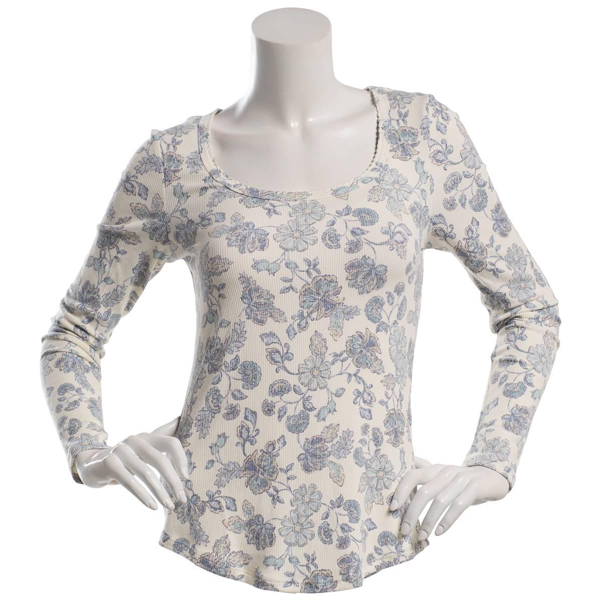 Click here for Juniors Wallflower Long Sleeve Floral Rib Scoop Ne... prices