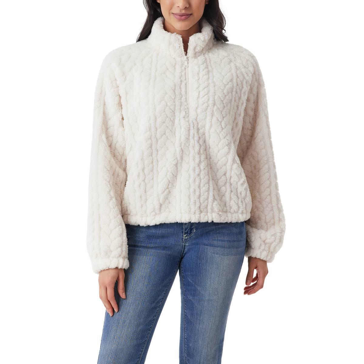 Click here for Juniors Wallflower Yeti 1/2 Zip Cable Sherpa Sweat... prices