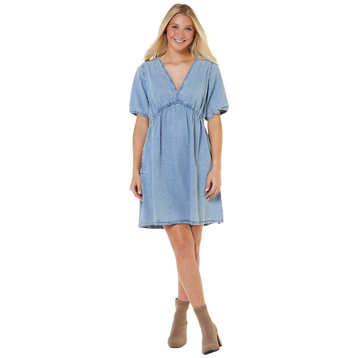 Click here for Juniors Wallflower V-Neck Puff Sleeve Denim A-Line... prices