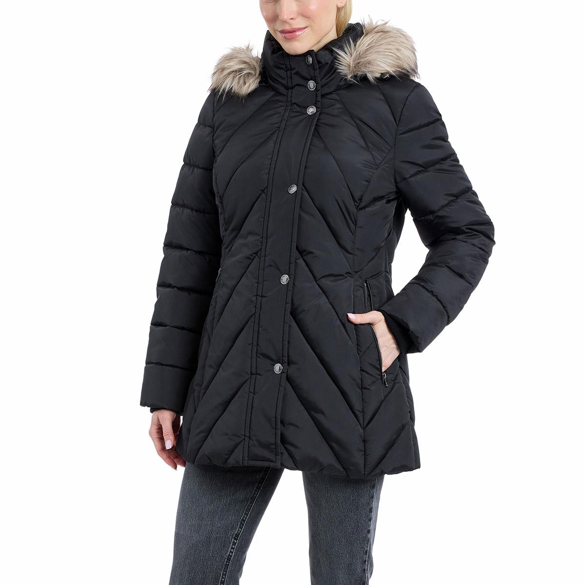 Click here for Womens London Fog Chevron Puffer Coat with Faux Fu... prices