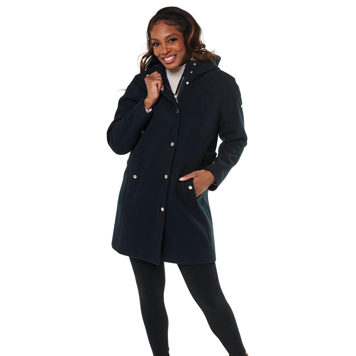 Click here for Plus Size Nicole Miller Faux Wool Peacoat with Hoo... prices