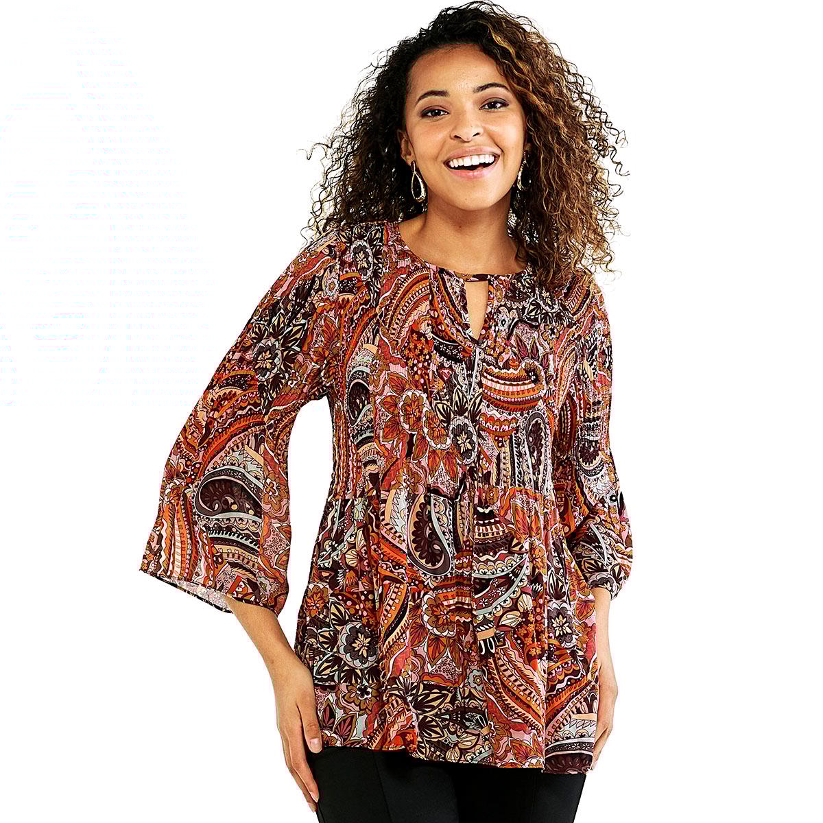 Click here for Womens Floral & Ivy 3/4 Sleeve Keyhole Paisley Blo... prices