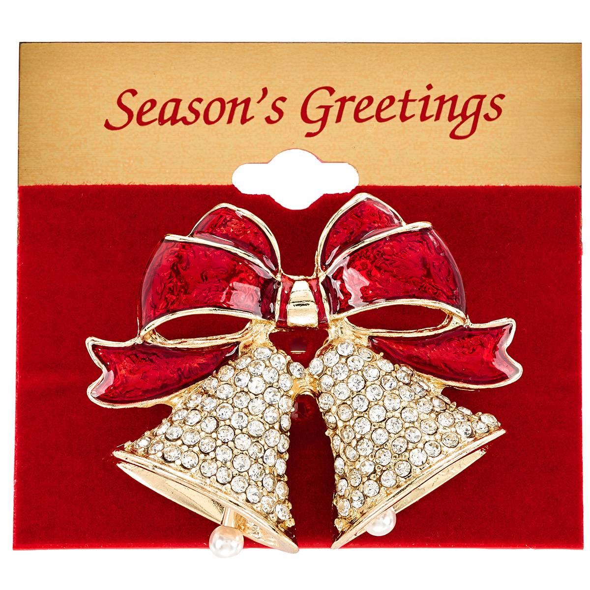 Click here for Gold-Tone Christmas Bells CZ Pin with Red Bow prices