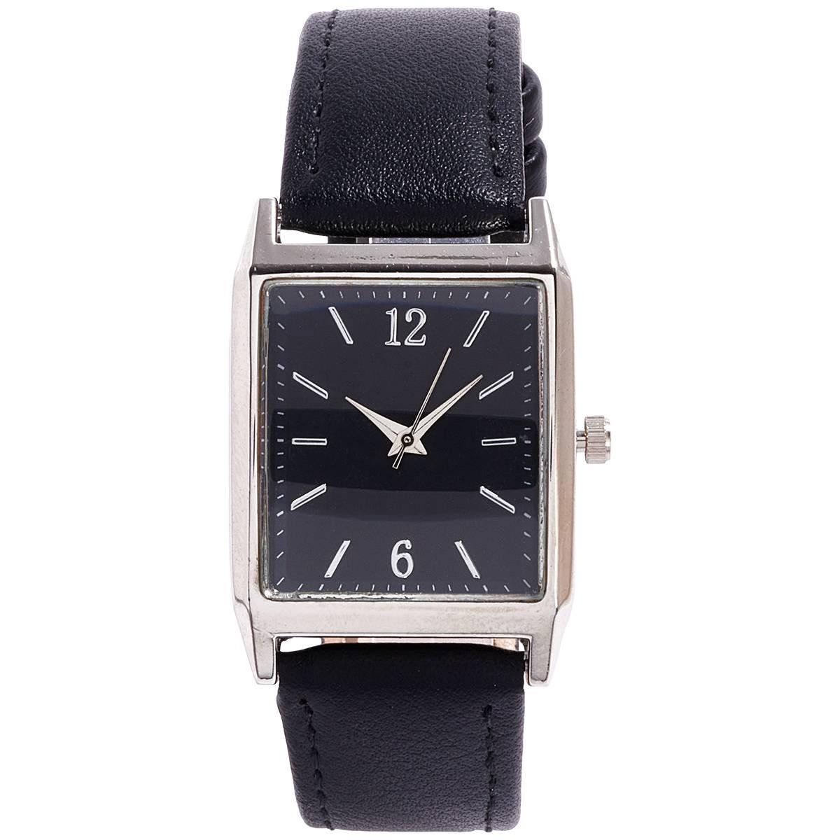 Click here for Mens Black & Silver-Tone Faux Leather Strap Watch... prices