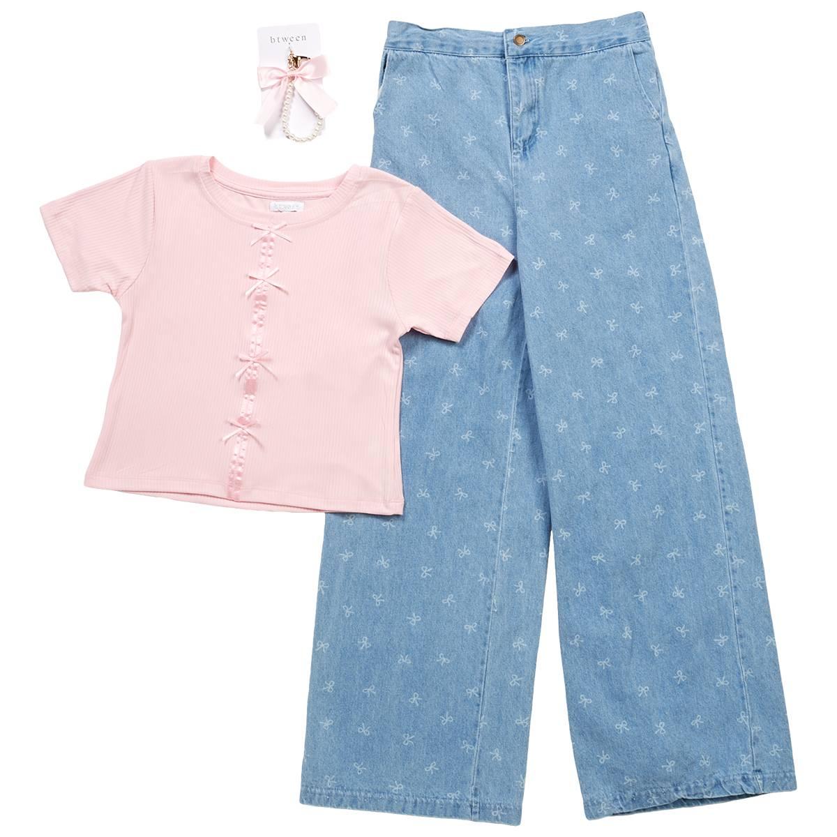 Click here for Girls (7-12) BTween(R) Ribbed Knit Tee & Bow Jeans... prices