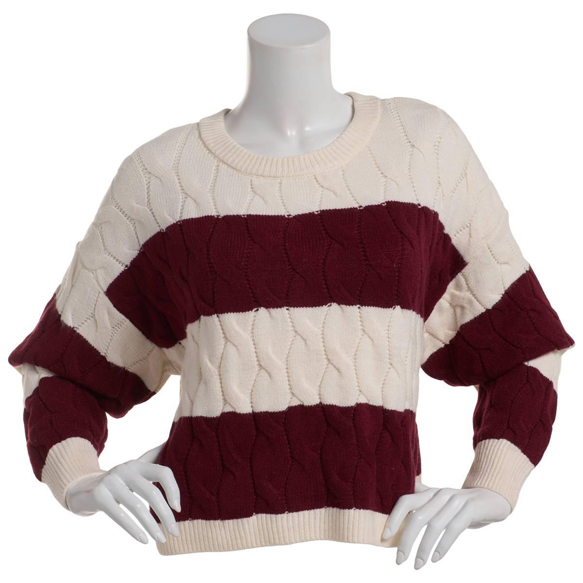 Click here for Juniors Pink Rose Striped Cable Knit Cropped Crew... prices