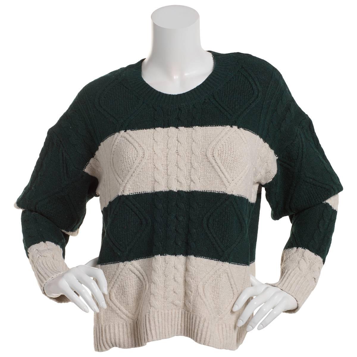 Click here for Juniors Pink Rose Mossy Wide Stripe Cable Crew Nec... prices