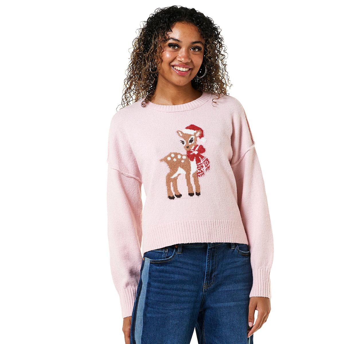 Click here for Juniors Pink Rose Mossy Intarsia Deer Crew Neck Sw... prices