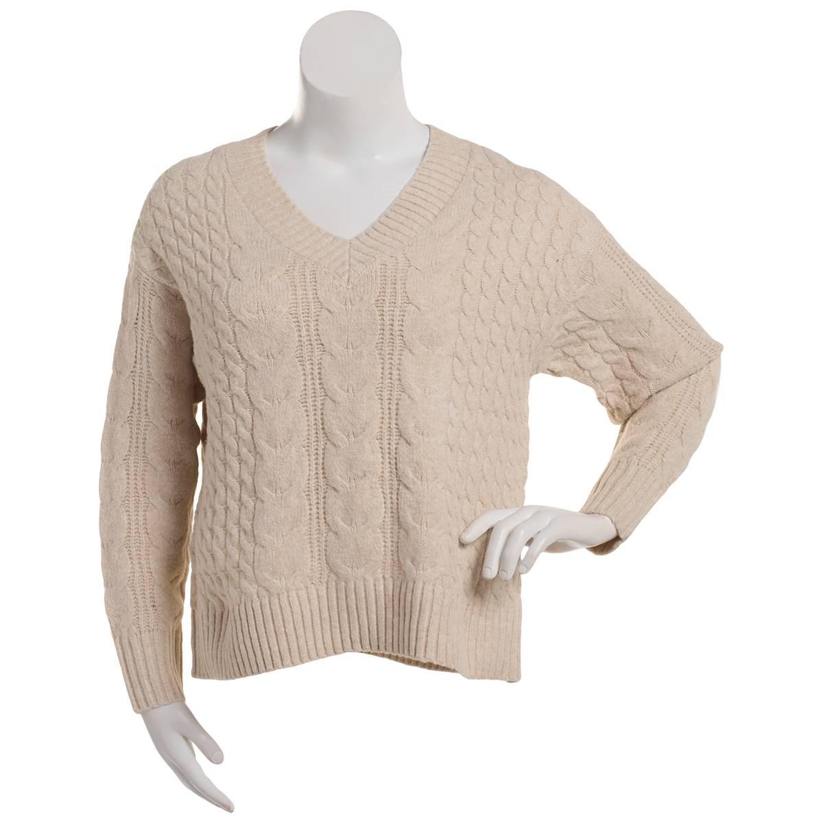 Click here for Juniors Pink Rose Mossy Cable Oversized V-Neck Swe... prices