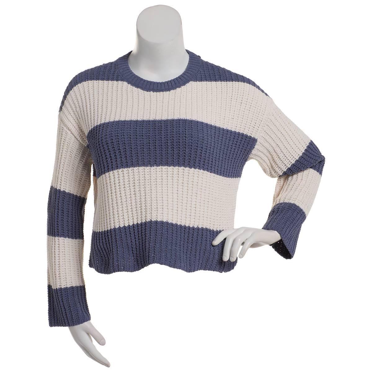 Click here for Juniors Pink Rose Chenille Stripe Crew Neck Wide S... prices