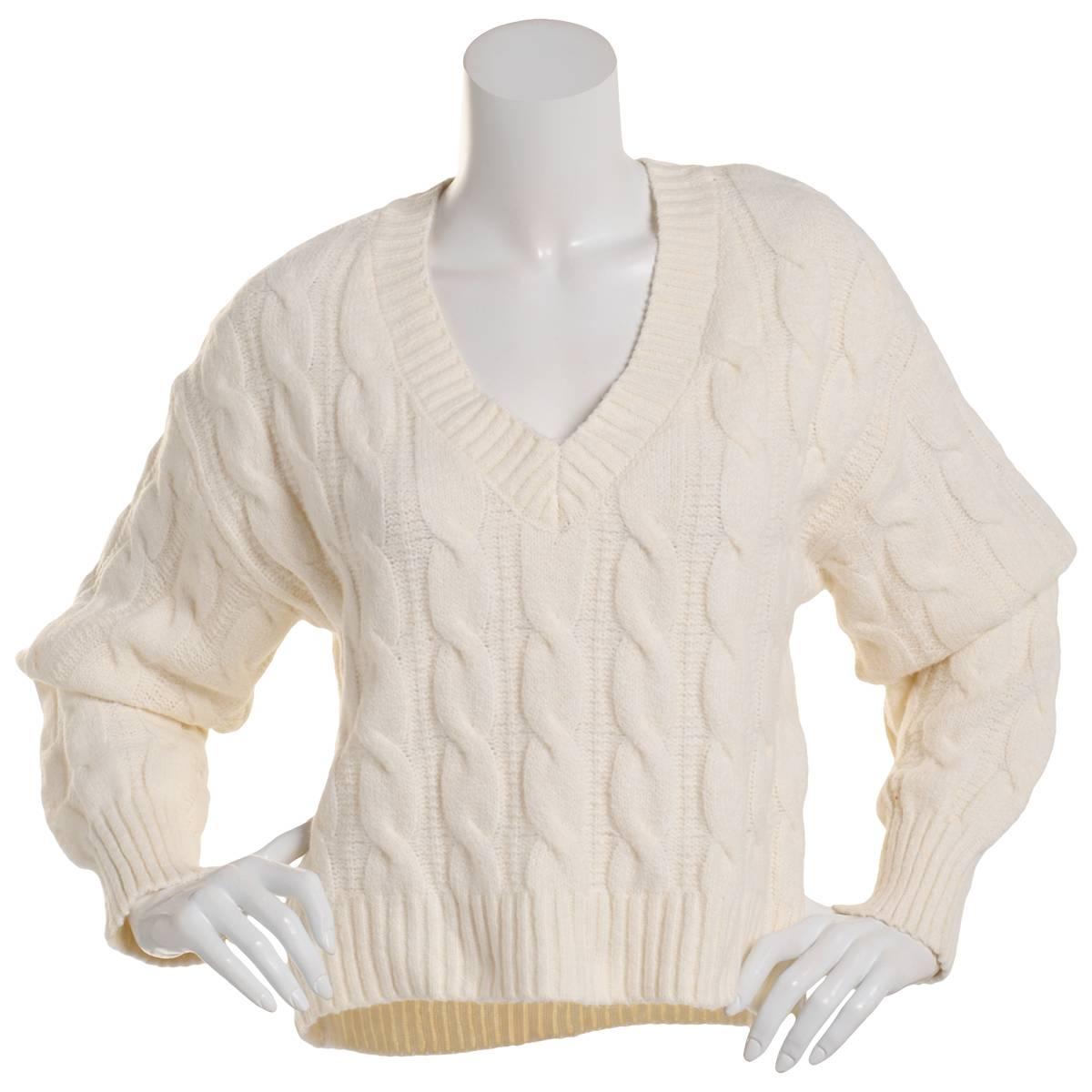 Click here for Juniors Pink Rose Mossy Cable V-Neck High Low Swea... prices