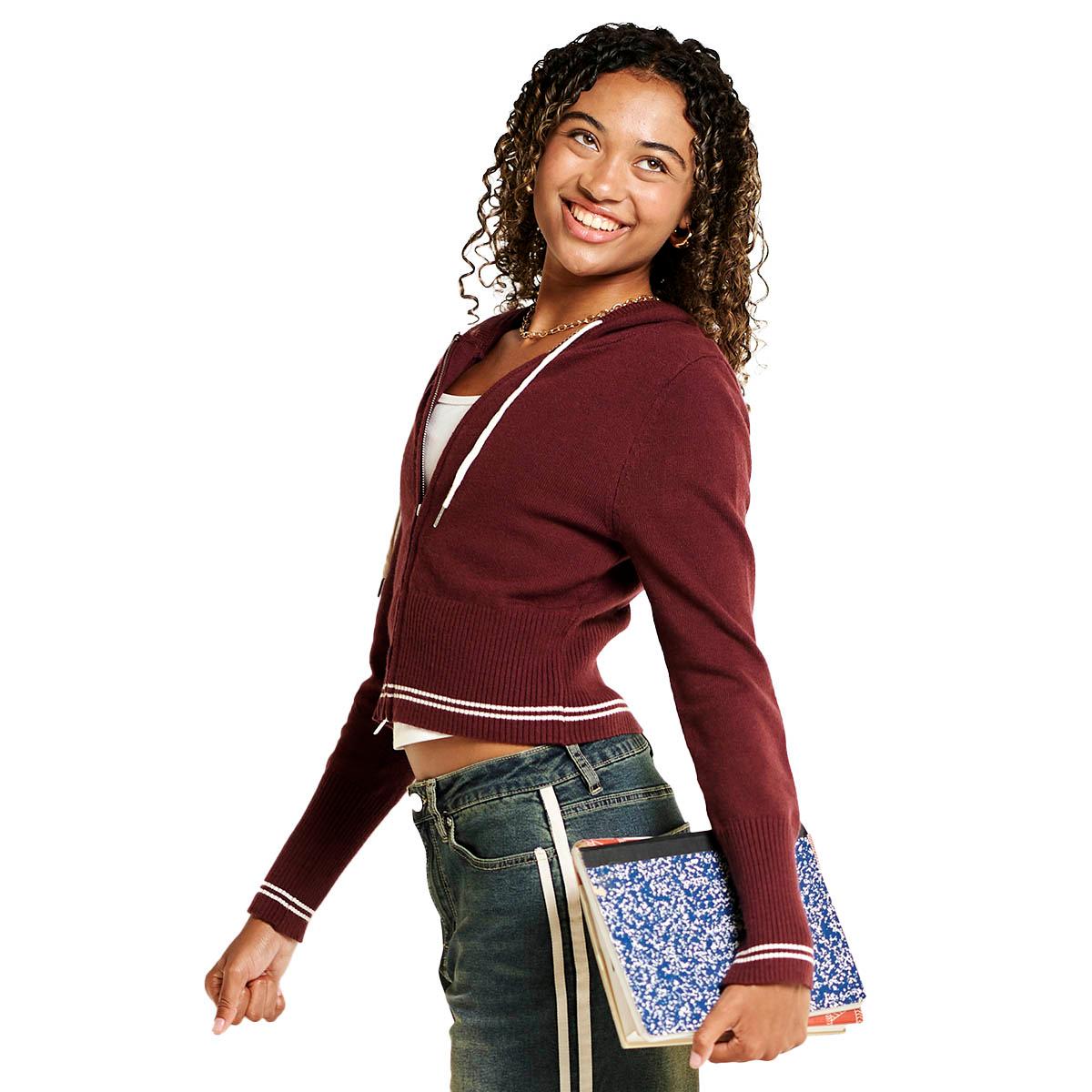 Click here for Juniors No Comment Knit Zip Front Hoodie with Stri... prices