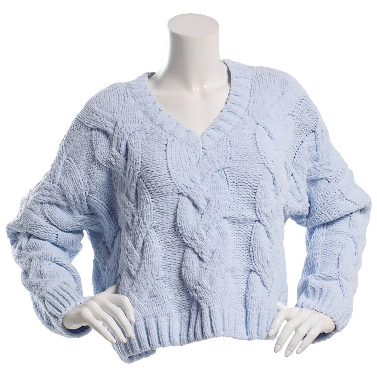 Click here for Juniors Pink Rose Cable Matte Chenille V-Neck Swea... prices