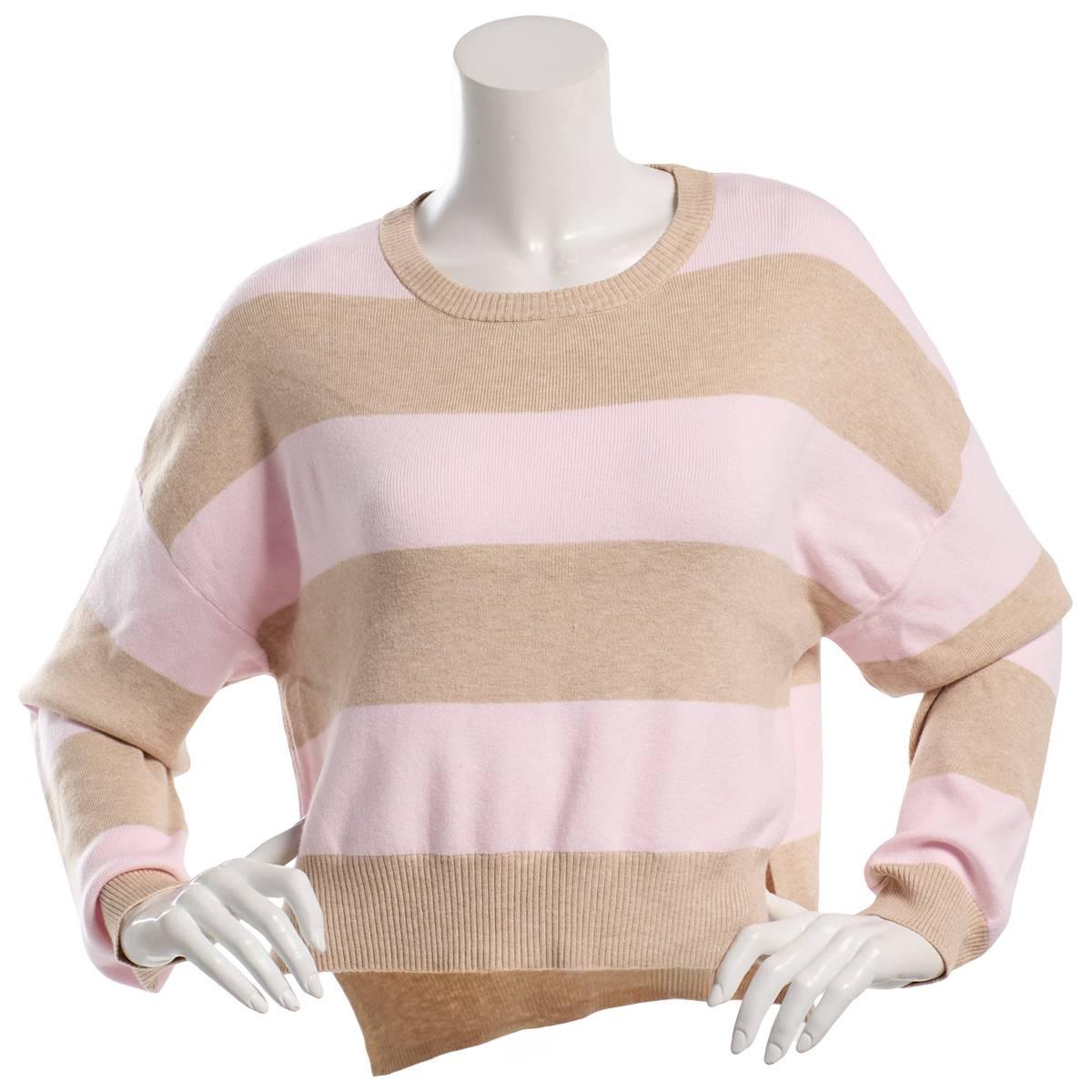 Click here for Juniors Pink Rose Stripe Crop Step Hem Pullover Sw... prices