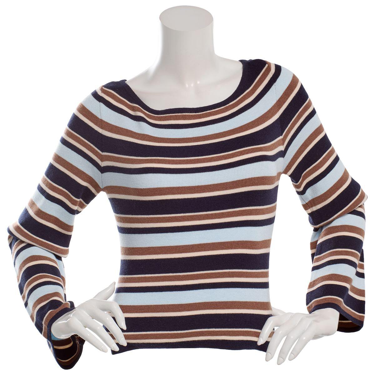 Click here for Juniors Pink Rose Stripe Bell Sleeve Wide Neck Pul... prices