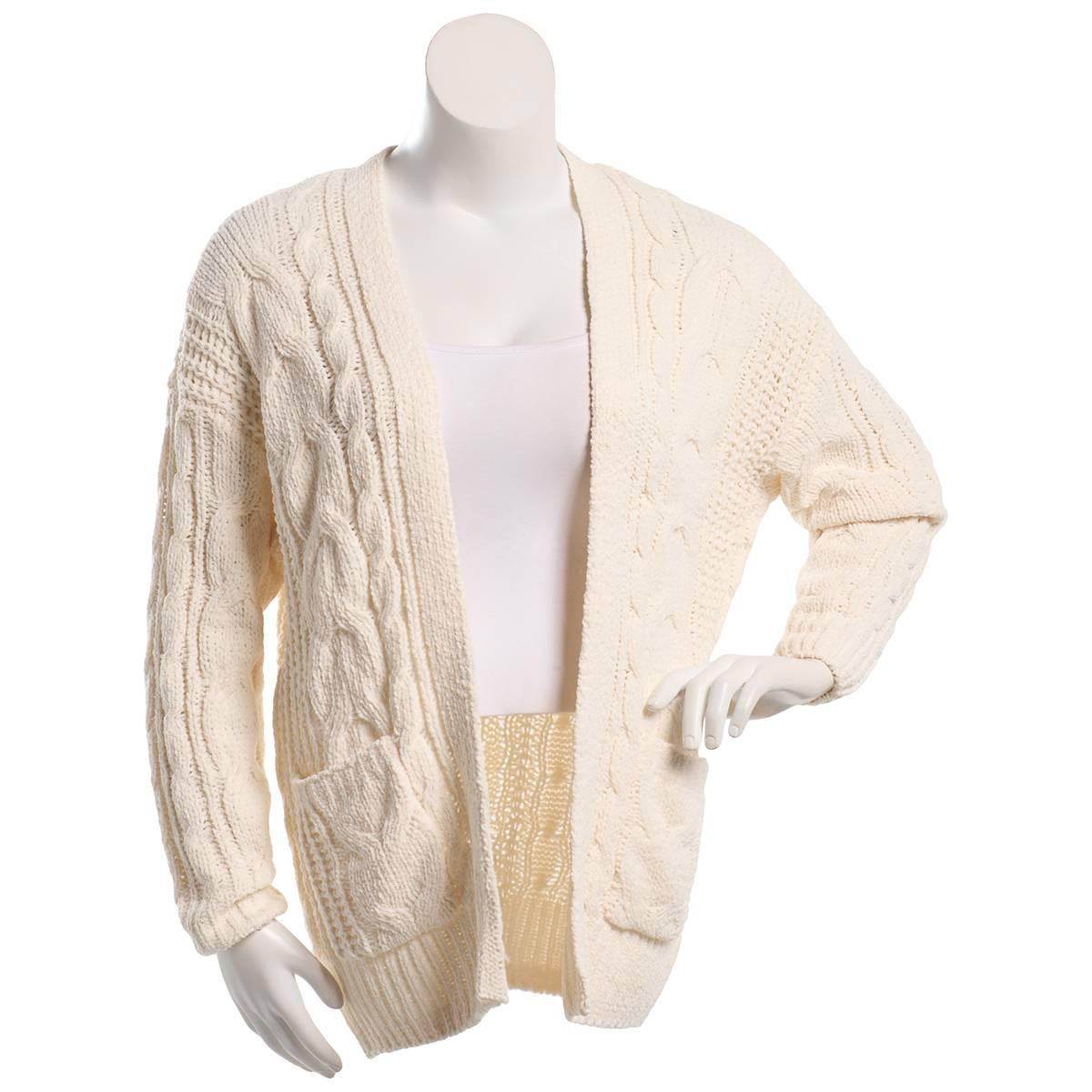 Click here for Juniors Pink Rose Chenille Cable Open Cardigan Swe... prices