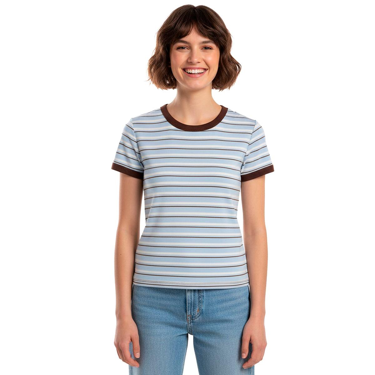 Click here for Juniors Pink Rose Striped Ringer Tee - Blue prices