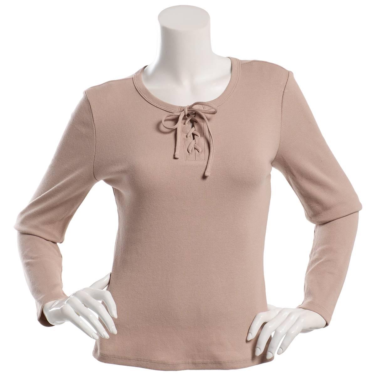 Click here for Juniors Pink Rose Long Sleeve Rib Lace Up Tie Top prices