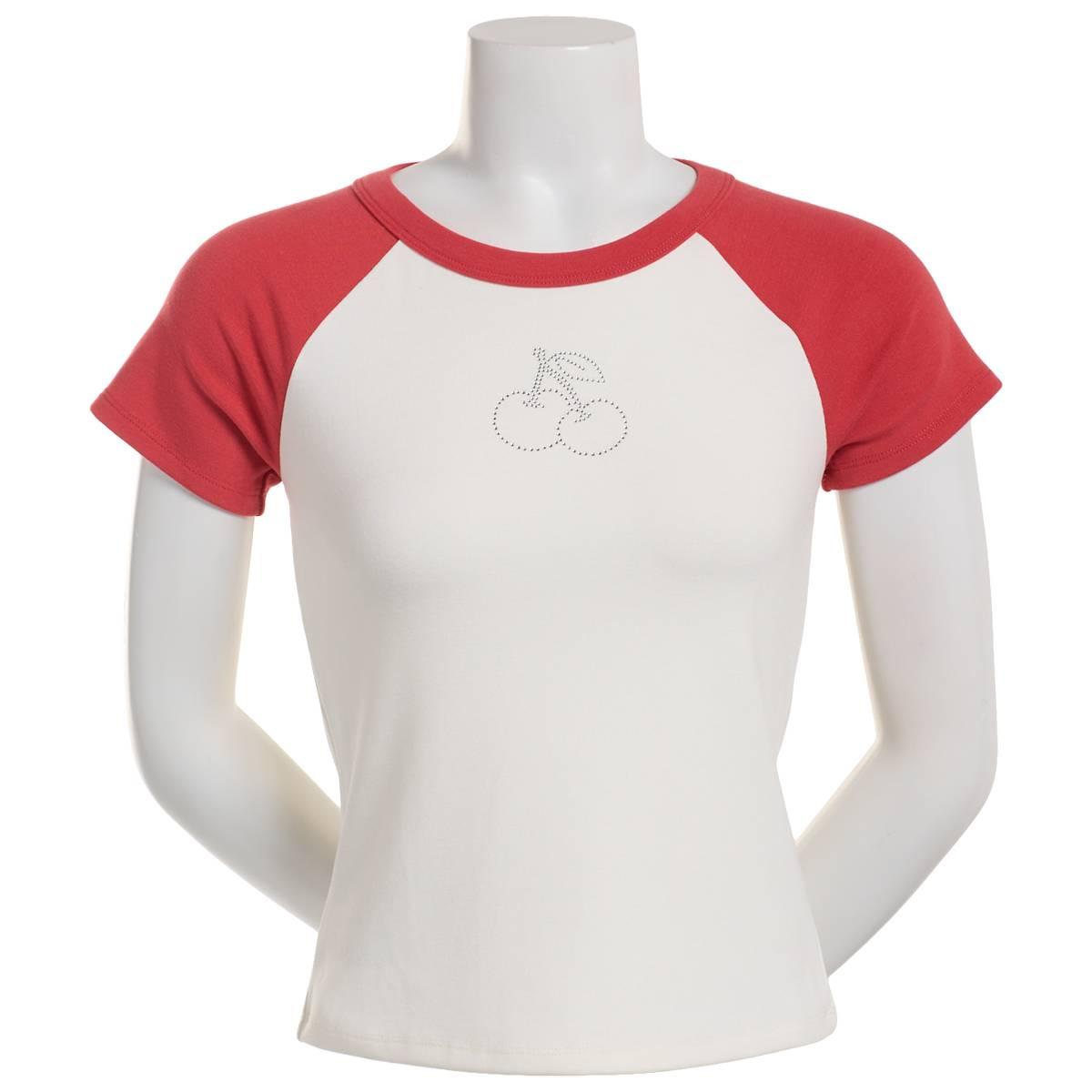 Click here for Juniors Pink Rose Raglan Rhinestone Cherry Tee prices