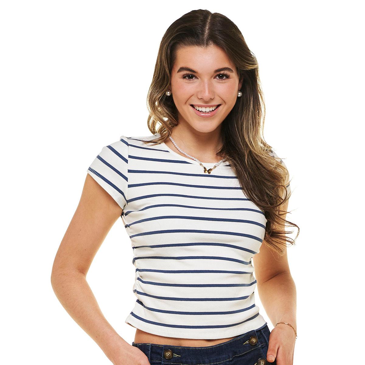 Click here for Juniors Pink Rose Ribbed Side Ruched Stripped Tee prices