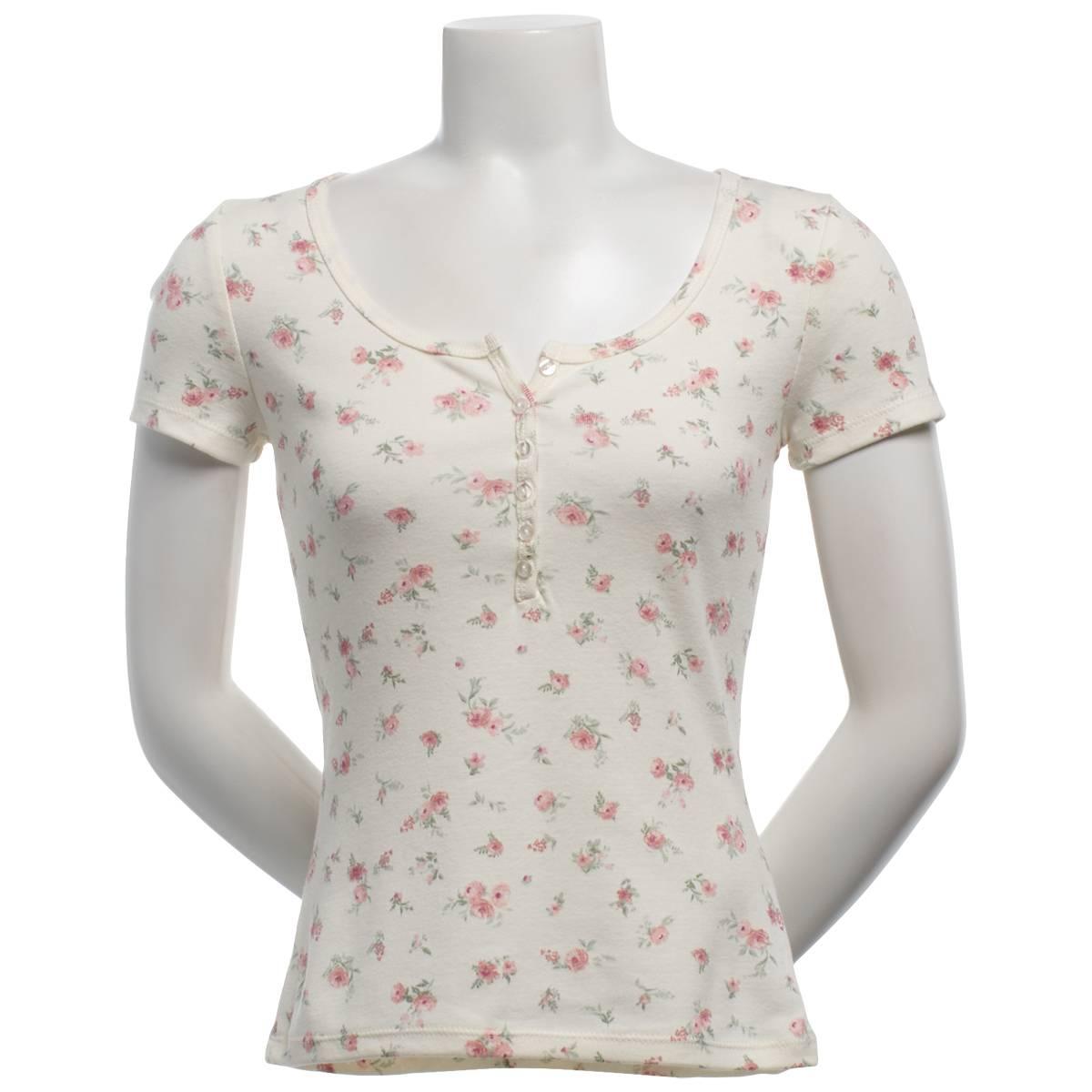 Click here for Juniors Pink Rose Henley Floral Scoop Neck Tunic T... prices