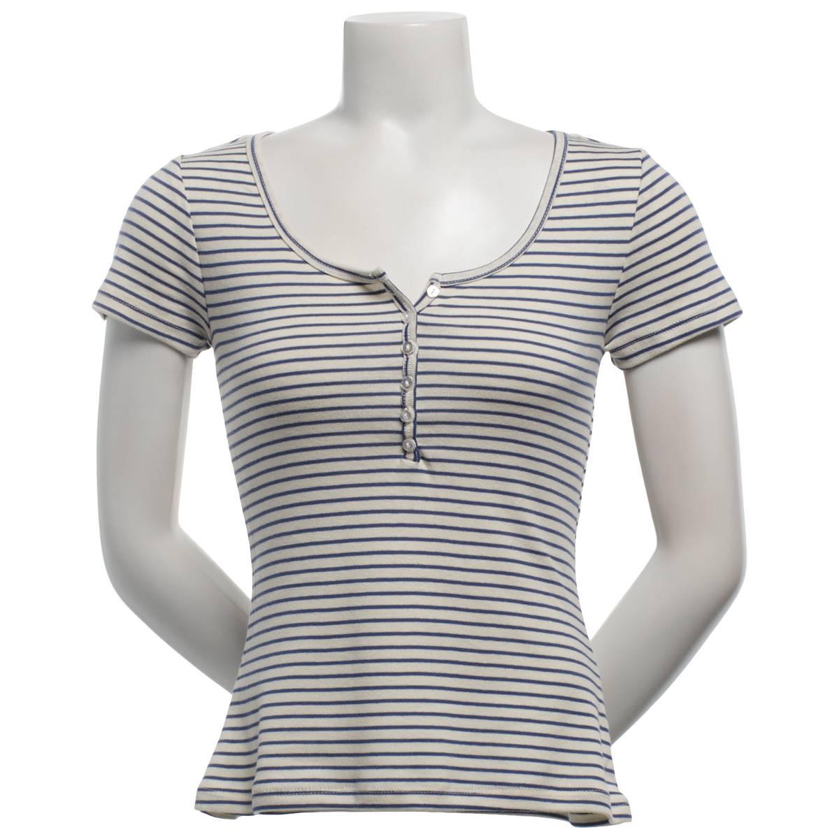 Click here for Juniors Pink Rose Henley Stripe Scoop Neck Tunic T... prices