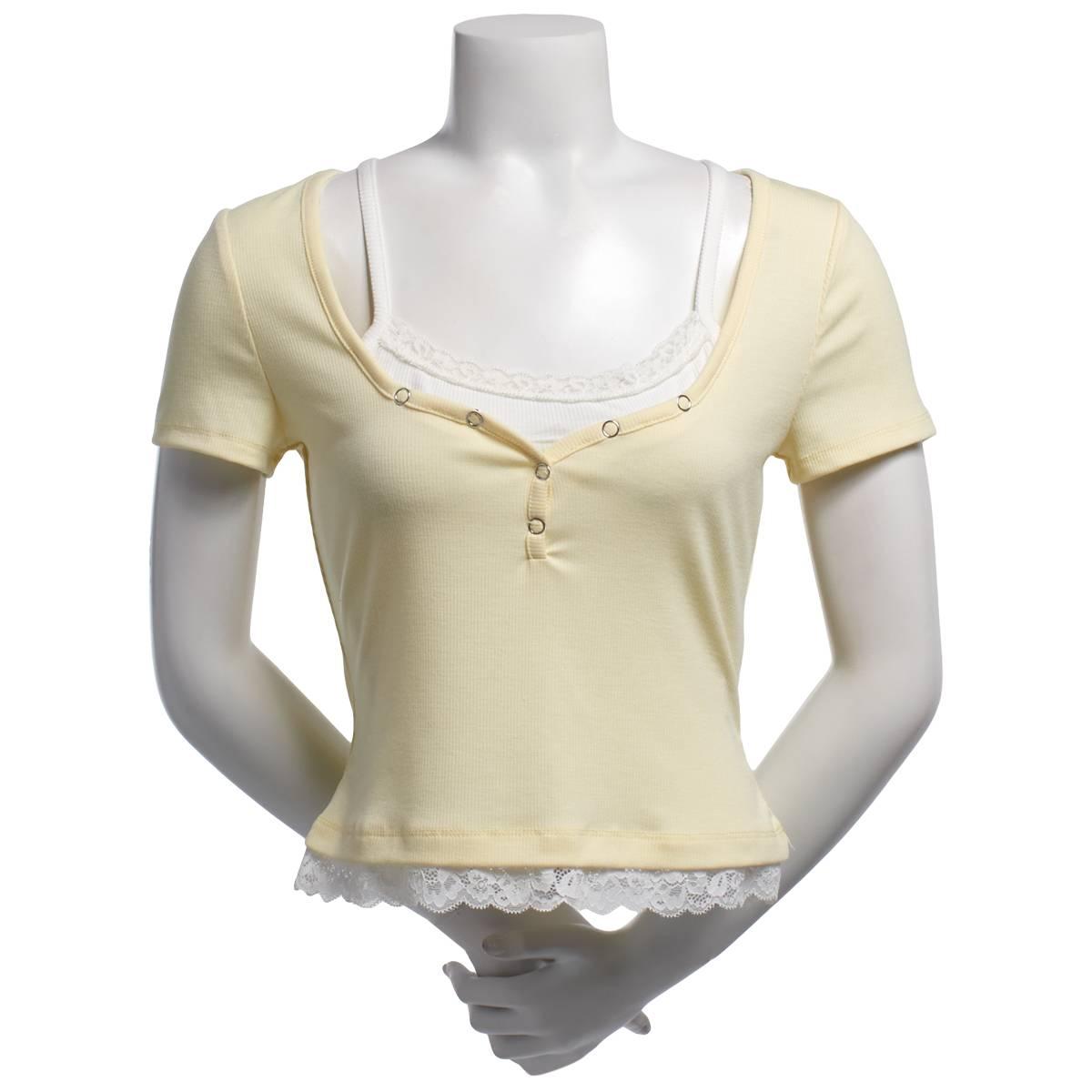 Click here for Juniors Pink Rose Short Sleeve Layered Lace Trim H... prices