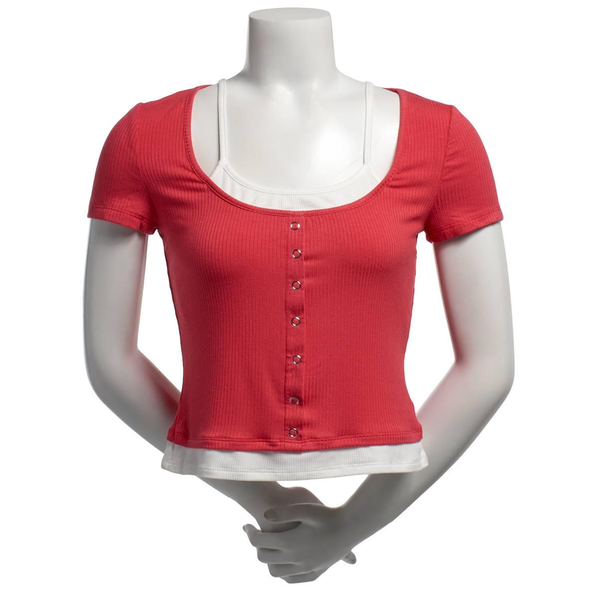 Click here for Juniors Pink Rose Short Sleeve Faux Layered Tee prices