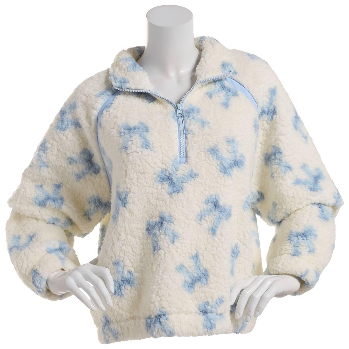 Click here for Juniors Pink Rose Bow Sherpa Mock Neck 1/4 Zip Swe... prices