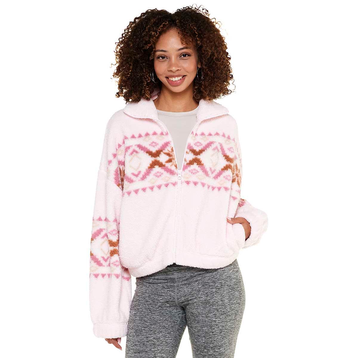 Click here for Juniors Pink Rose Fair Isle Zip Up Mock Neck Sherp... prices