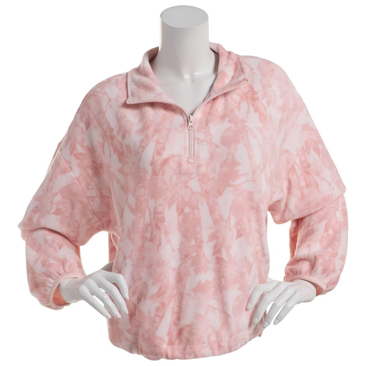 Click here for Juniors Pink Rose Camo Fleece 1/4 Zip Mock Neck Sw... prices