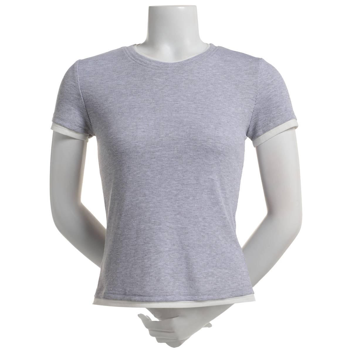 Click here for Juniors Pink Rose Crew Neck Layered Ribbed Short S... prices