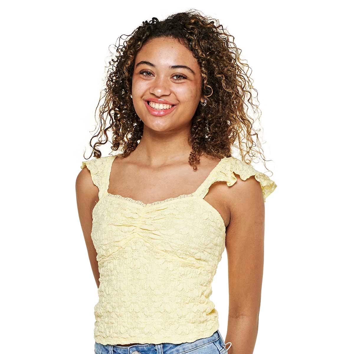 Click here for Juniors Pink Rose Ruffle Strap Flower Lace Top prices