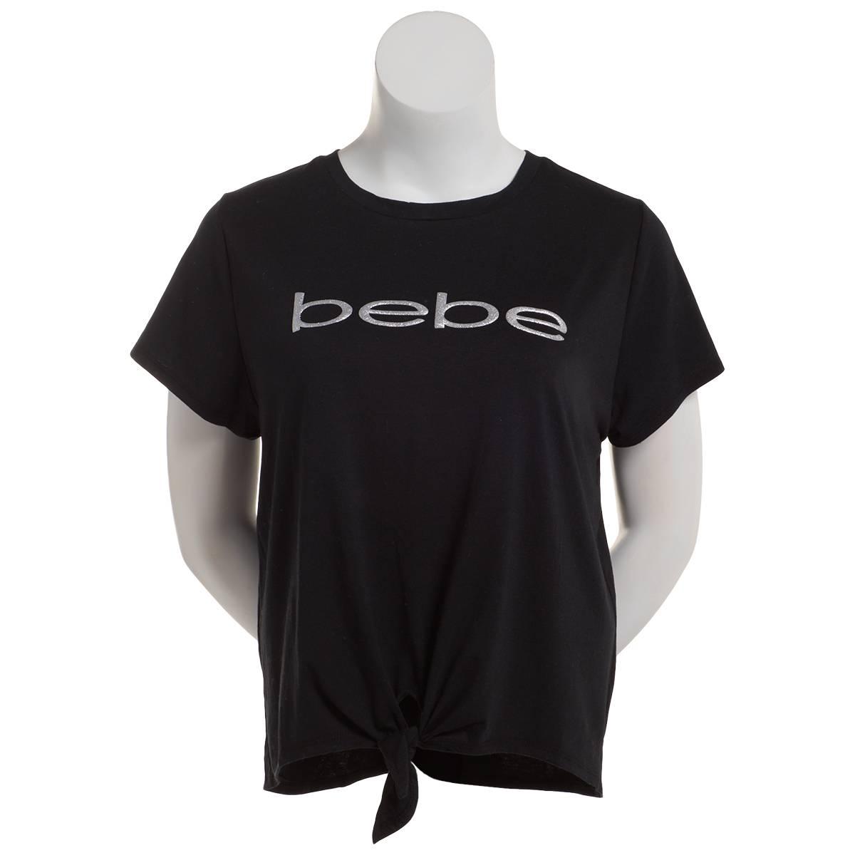 Click here for Plus Size Bebe Tie Front Short Sleeve Glitter Logo... prices
