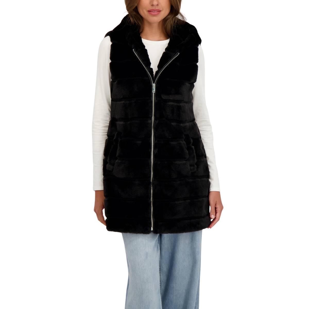 Sebby Collection Womens Hooded Grooved 3/4 Faux Fur Vest - Camel