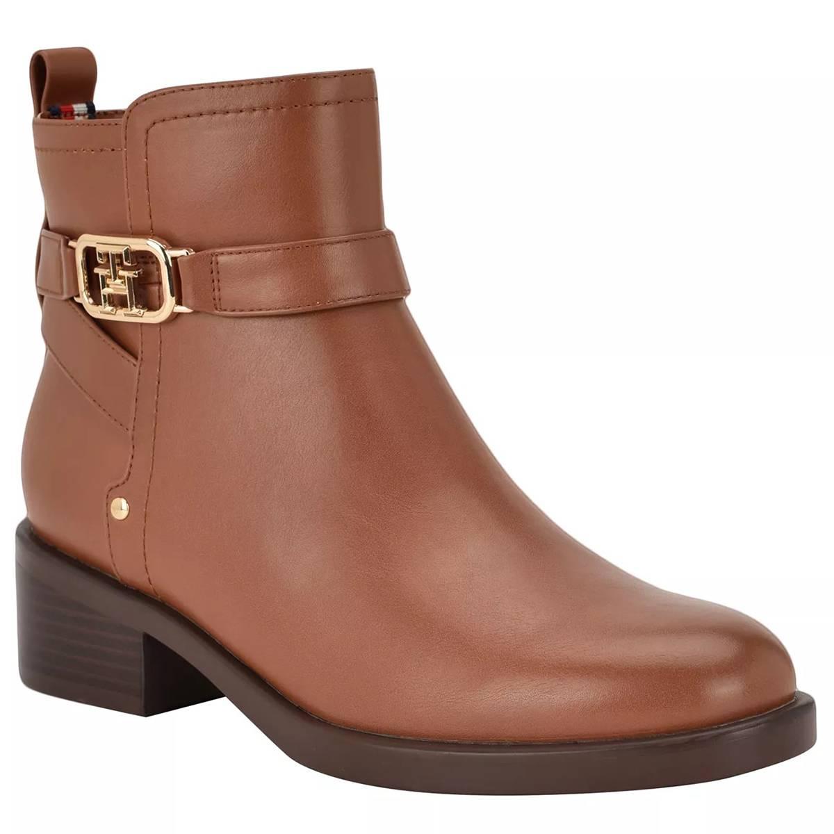 Tommy Hilfiger Womens Ivaide Logo Strap Block Heel Booties - Cognac