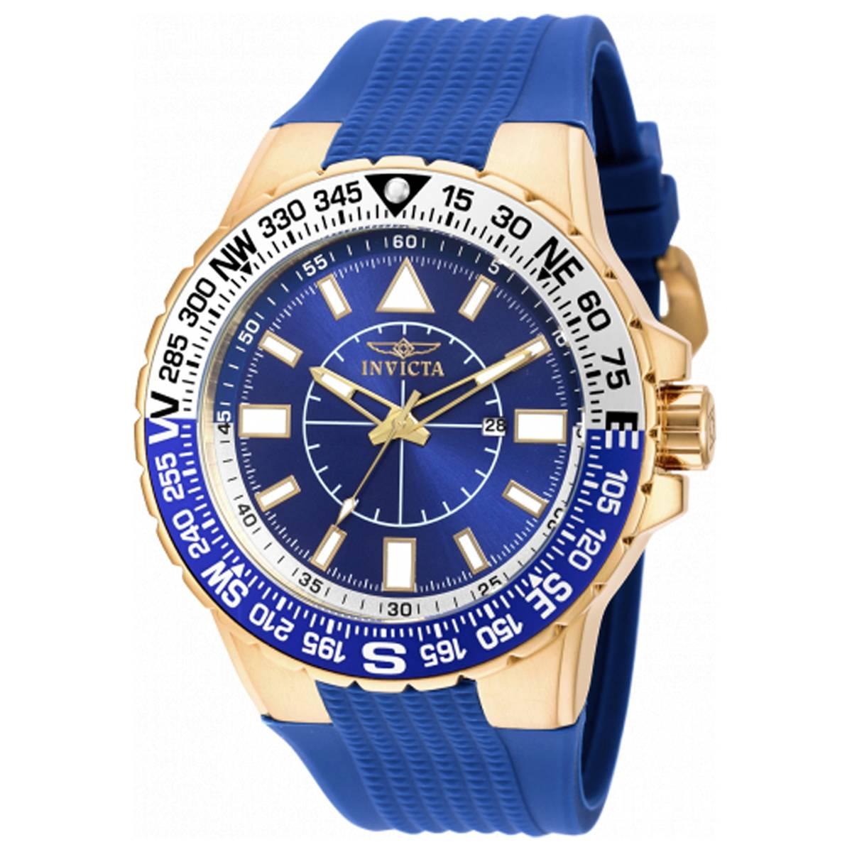 Invicta Mens 19270 Aviator Quartz 3 Hand Blue Dial Watch - Gold