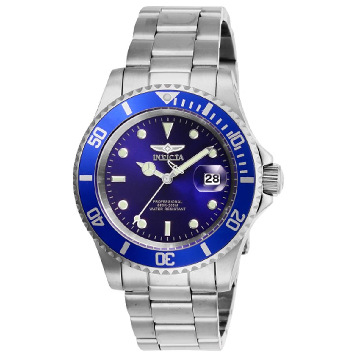 Invicta Mens 26971 Pro Diver Quartz 3 Hand Blue Dial Watch - Silver