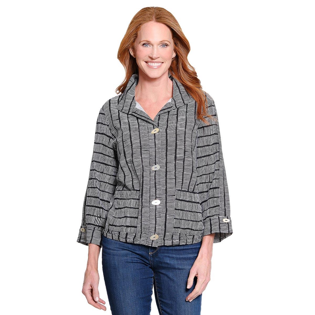 Click here for Womens Ali Miles 3/4 Sleeve Stripe Button Front Bl... prices