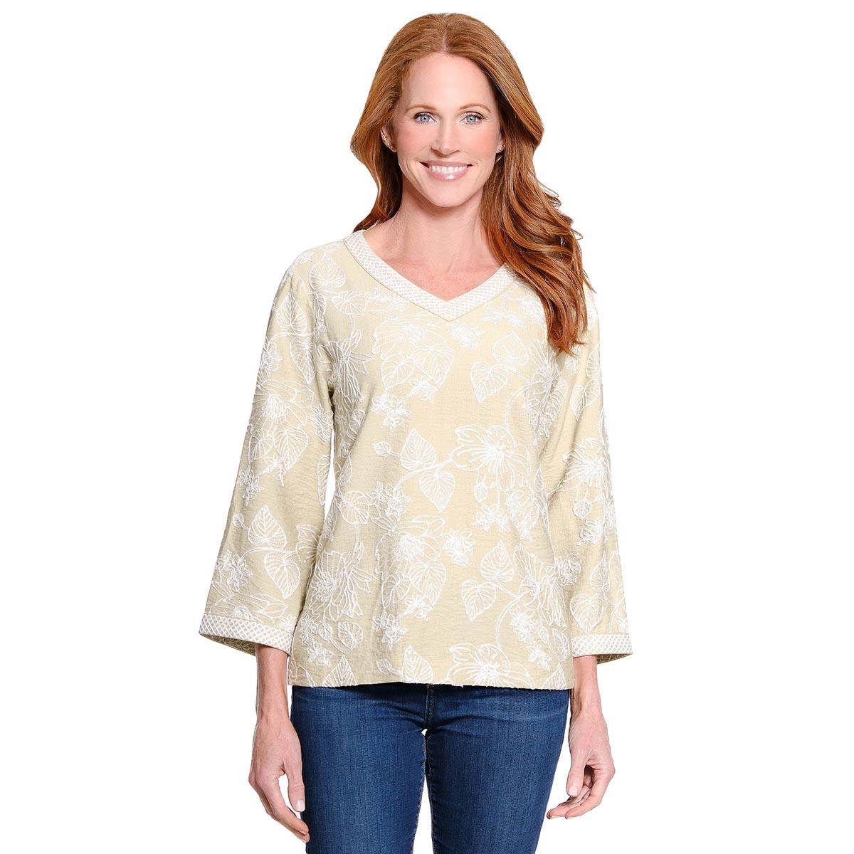 Click here for Womens Ali Miles 3/4 Sleeve Floral Embroidery V Ne... prices