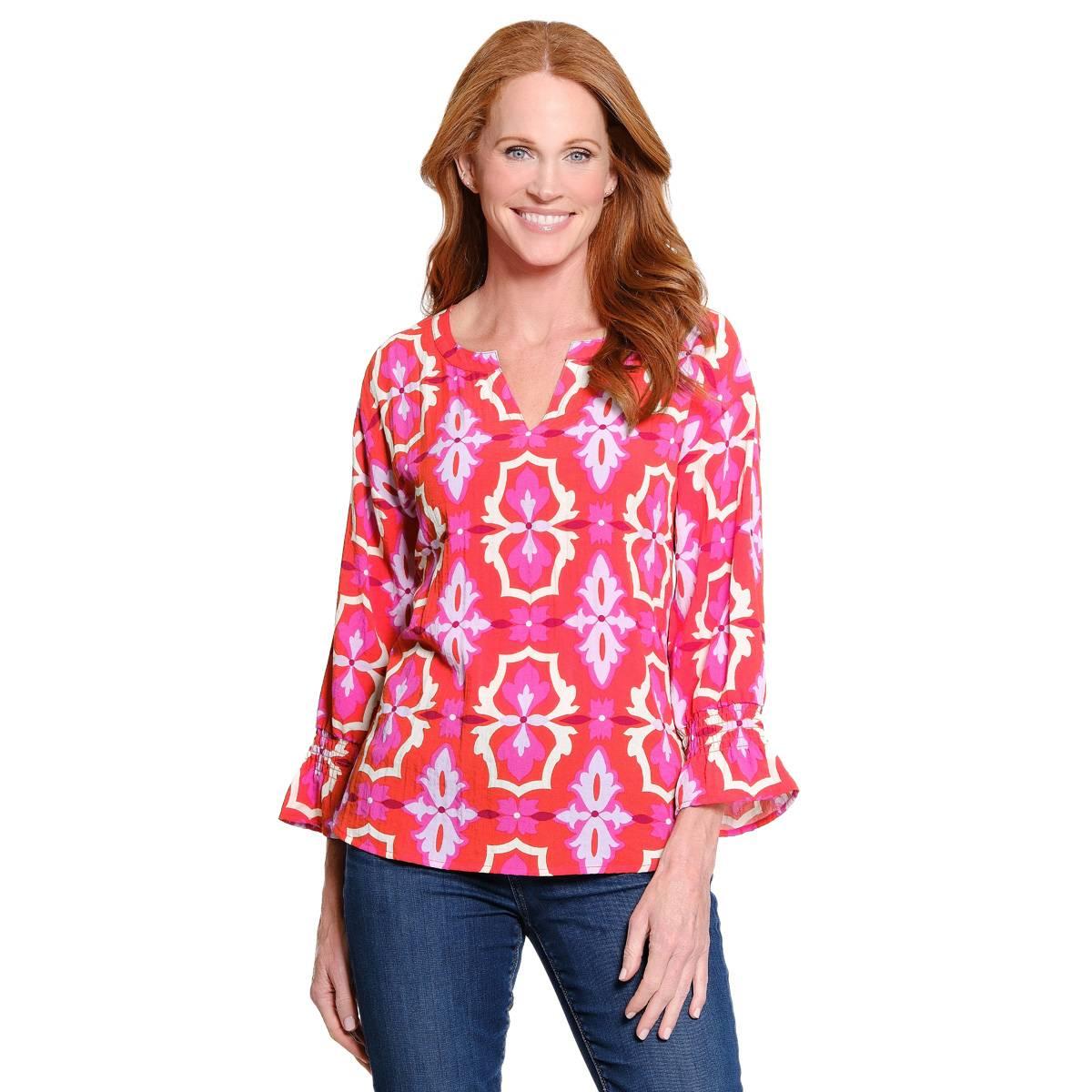 Click here for Plus Size Ali Miles 3/4 Smocked Sleeve Geometric B... prices