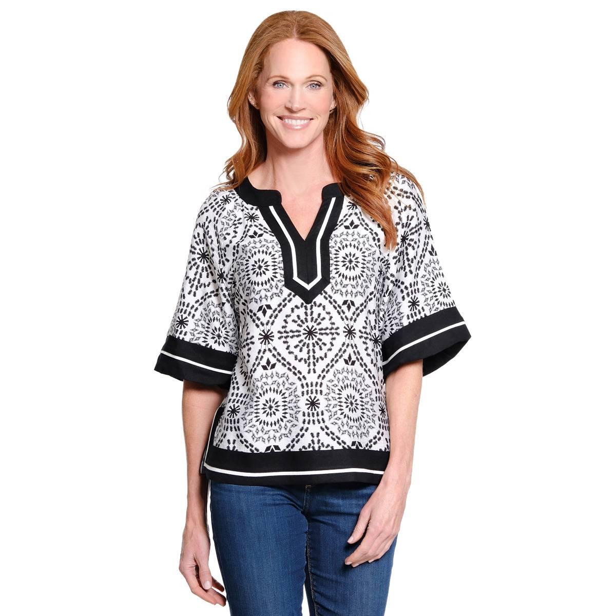 Click here for Womens Ali Miles Elbow Sleeve Split Neck Medallion... prices