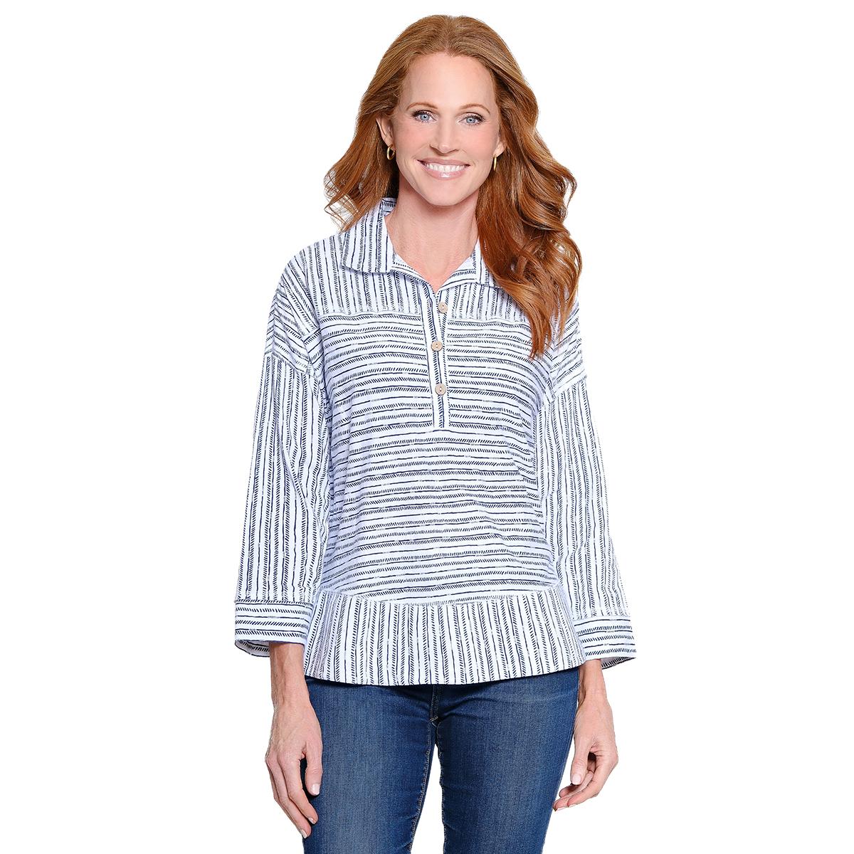 Click here for Womens Ali Miles 3/4 Sleeve Spread Collar Stripe B... prices