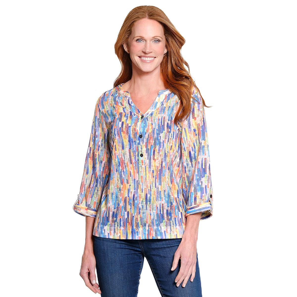 Click here for Petite Ali Miles Roll Tab Sleeve 1/4 Button Abstra... prices