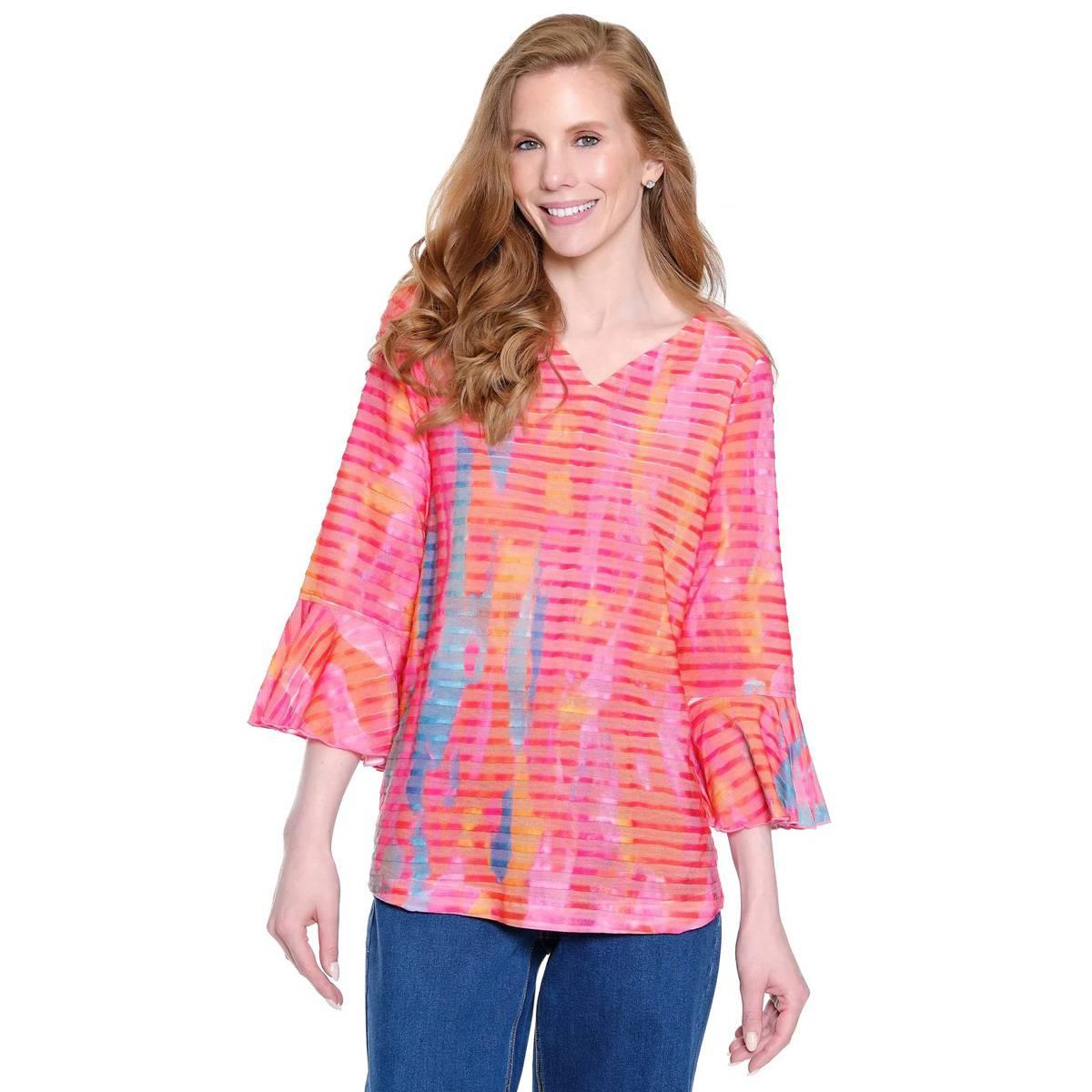 Click here for Womens Ali Miles 3/4 Bell Sleeve V-Neck Abstract T... prices